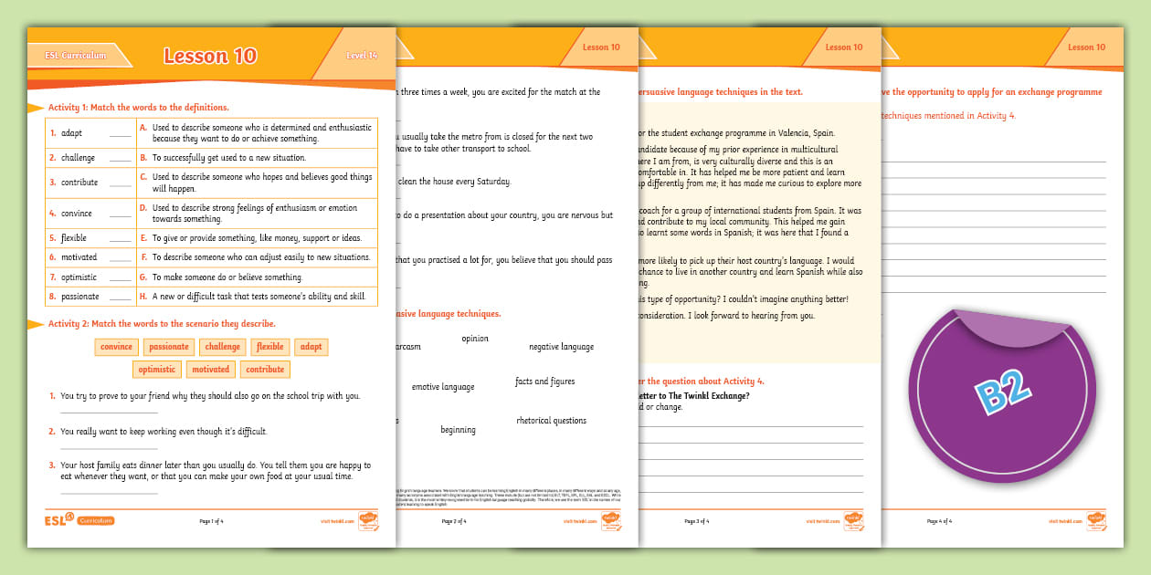 ESL Curriculum Level 14 Lesson 10 Activity Sheet