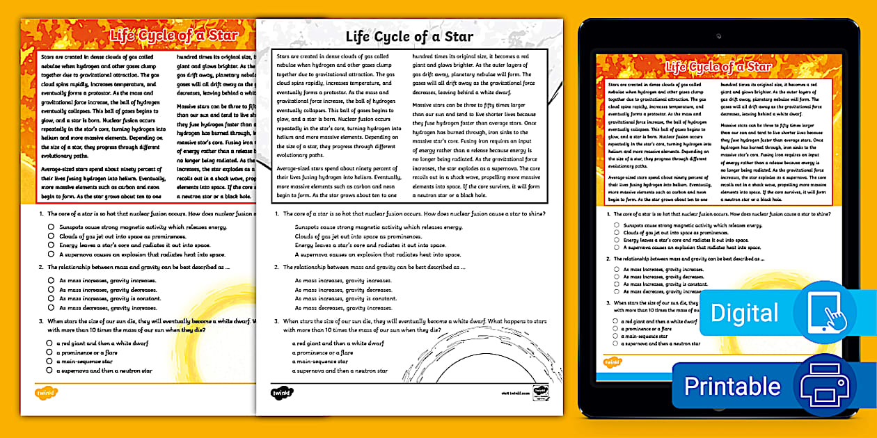 Eighth Grade Life Cycle of a Star Reading Worksheet