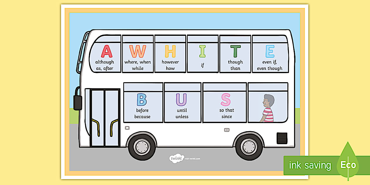 A WHITE BUS Conjunctions and Adverbials for Cohesion Display Poster