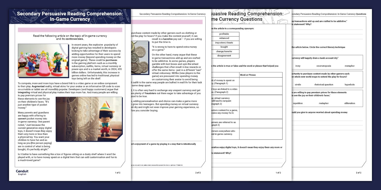 Secondary Persuasive Reading Comprehension: In-Game Currency