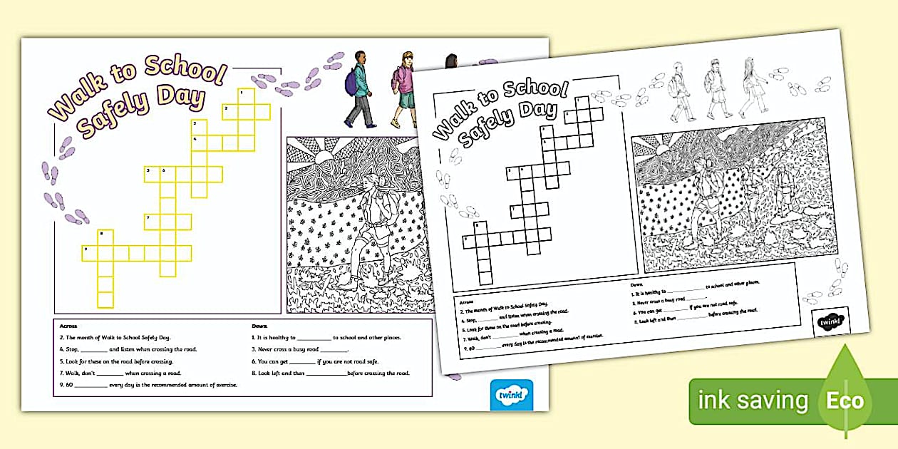 Walk to School Safely Day Crossword and Colouring - Twinkl