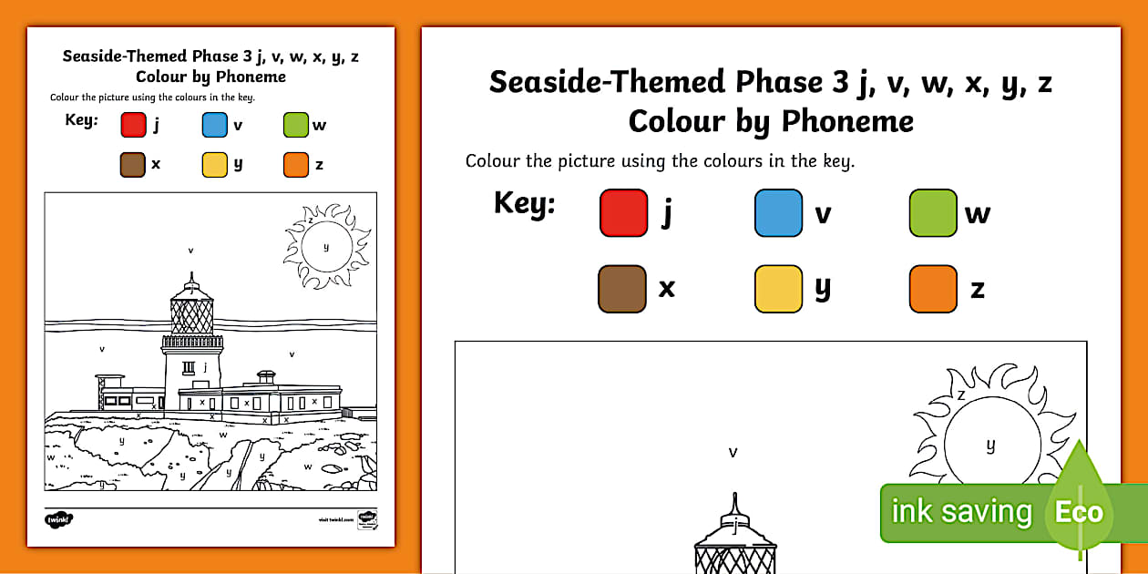 Seaside-Themed Phase 3 j, v, w, x, y, z Colour by Phoneme