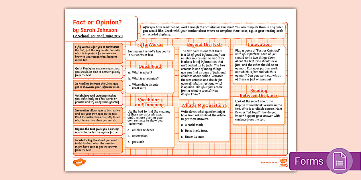 Level 2 June 2023 School Journal: Fact or Opinion? Article Follow-Up