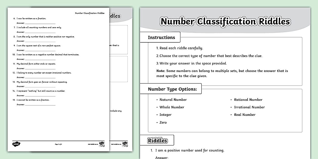 Guess the Number Type! Classification Riddles Worksheet