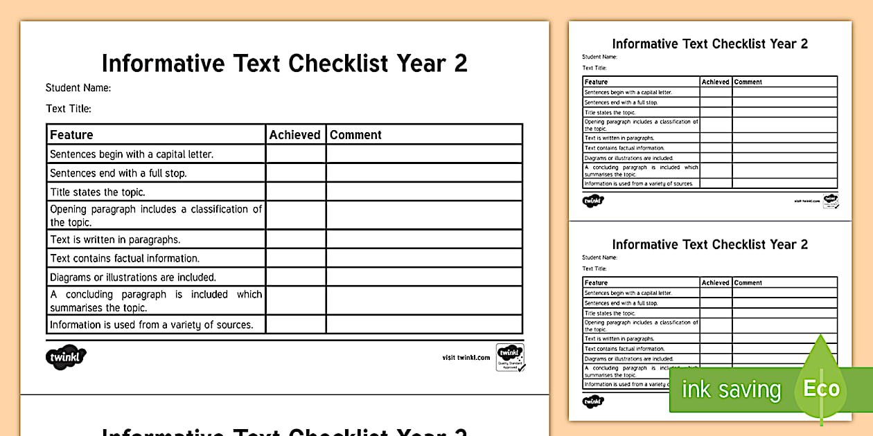 Year 2 Informative Text Checklist (teacher made) - Twinkl