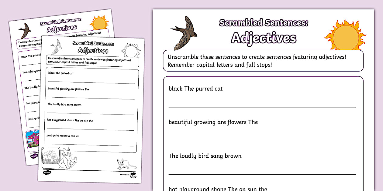 Scrambled Sentences: Adjectives Worksheet - Twinkl