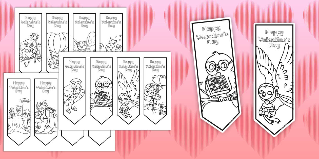 Valentine's Day Owls Colouring Bookmarks - Twinkl