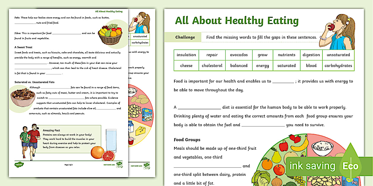 Healthy Eating Cloze Activity Sheet (Hecho por educadores)