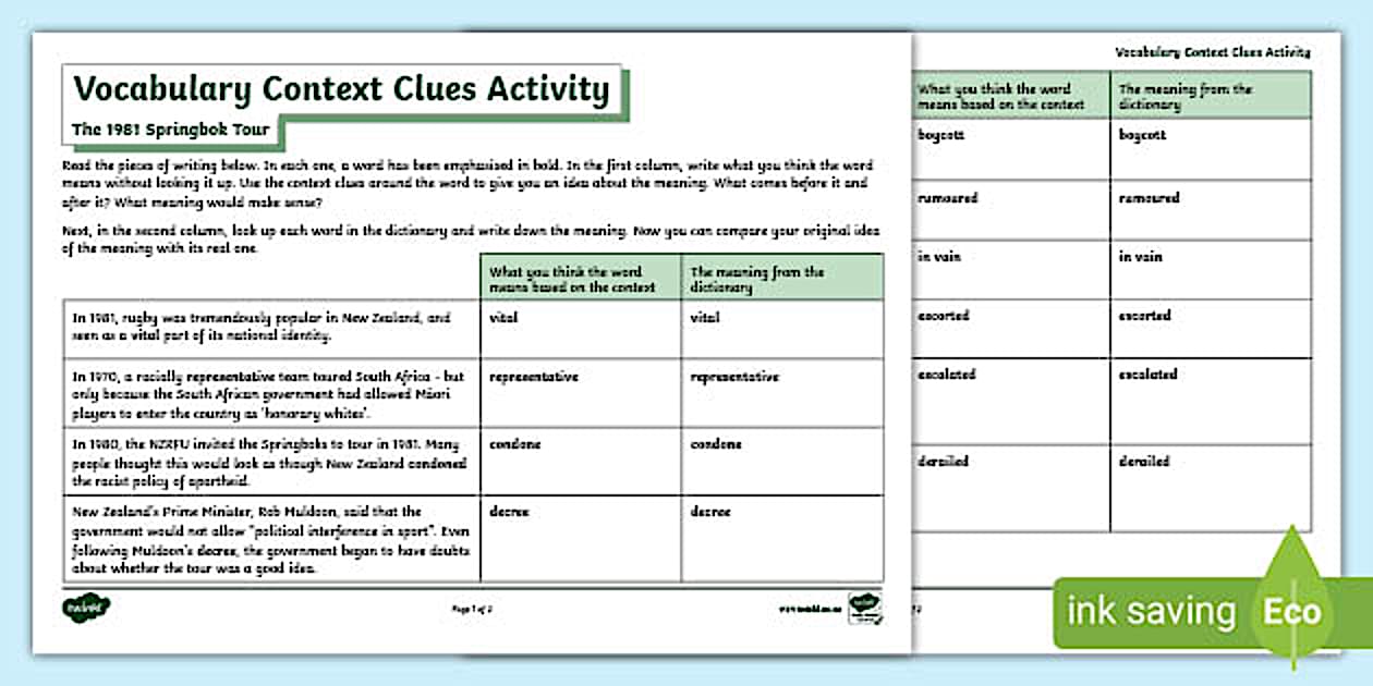 1981 Springbok Tour Vocabulary Activity - Twinkl