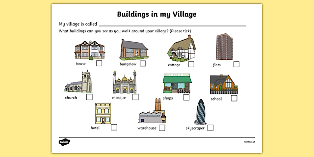 Buildings In My Village Worksheet - Twinkl