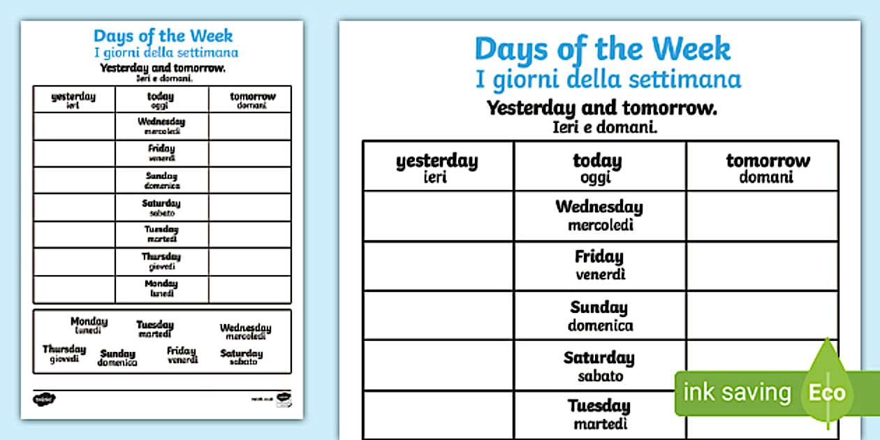 Black and White Days of the Week Yesterday and Tomorrow Worksheet