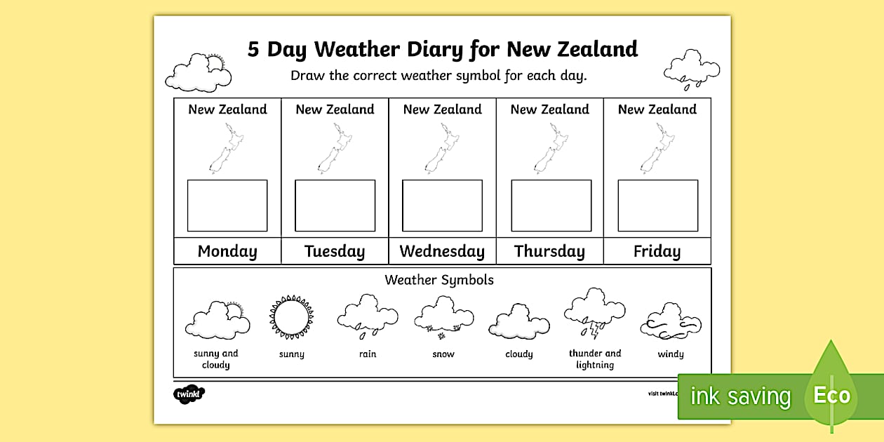 5 Day Weather Diary for New Zealand Worksheet