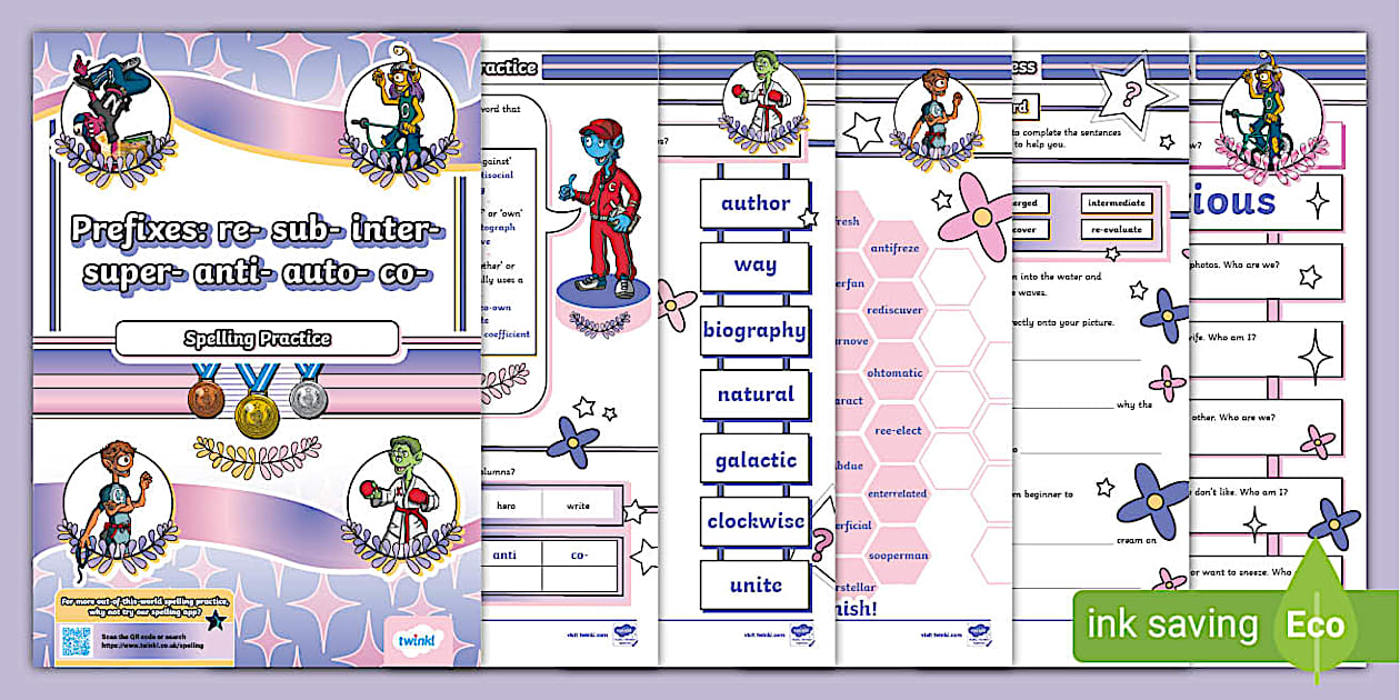Prefixes: re- sub- inter- super- anti- auto- co- KS2 Spelling Practice ...