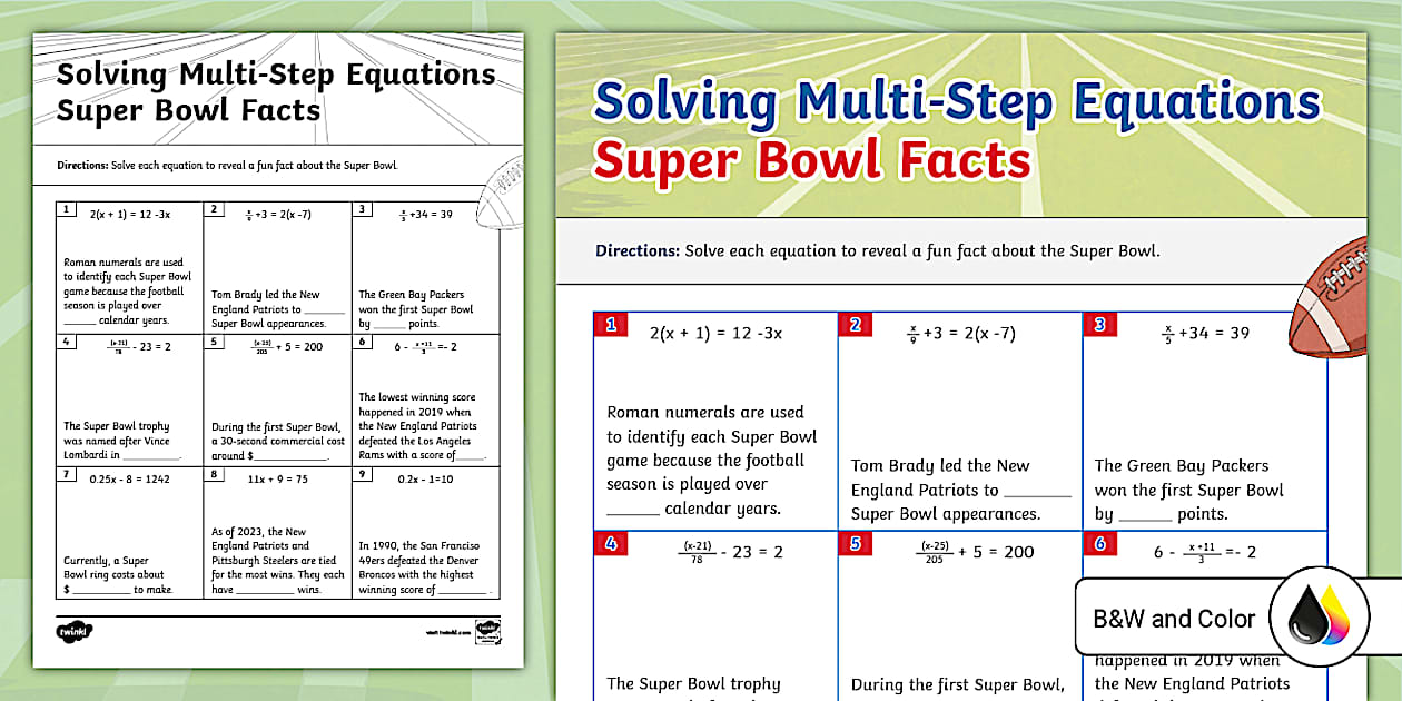 Eighth Grade Solving Multi-Step Equations Super Bowl Facts Worksheet