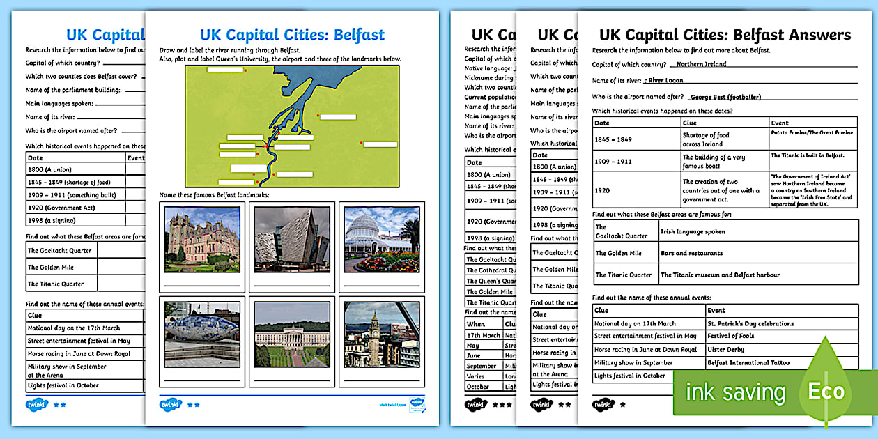 KS2 UK Capital Cities: Belfast Differentiated Worksheets