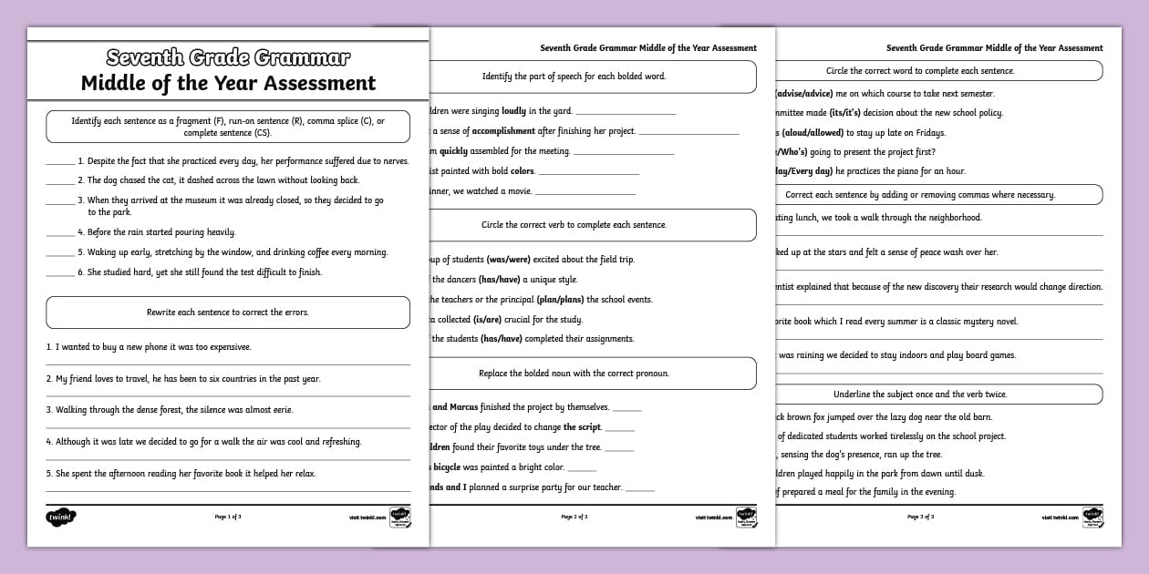 Seventh Grade Middle of the Year ELA Grammar Assessment