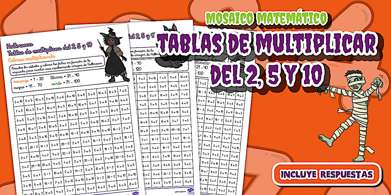 Mosaico matemático: tablas de multiplicar del 2, 5 y 10 - Halloween