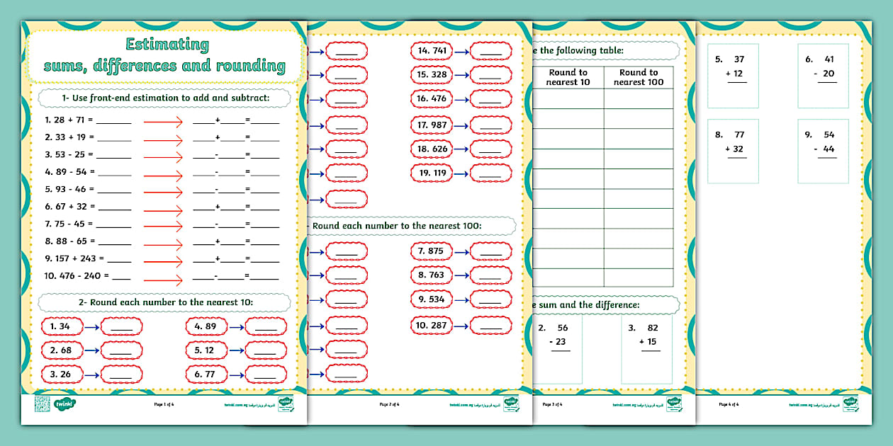 Estimating sums, differences and rounding worksheet - Twinkl
