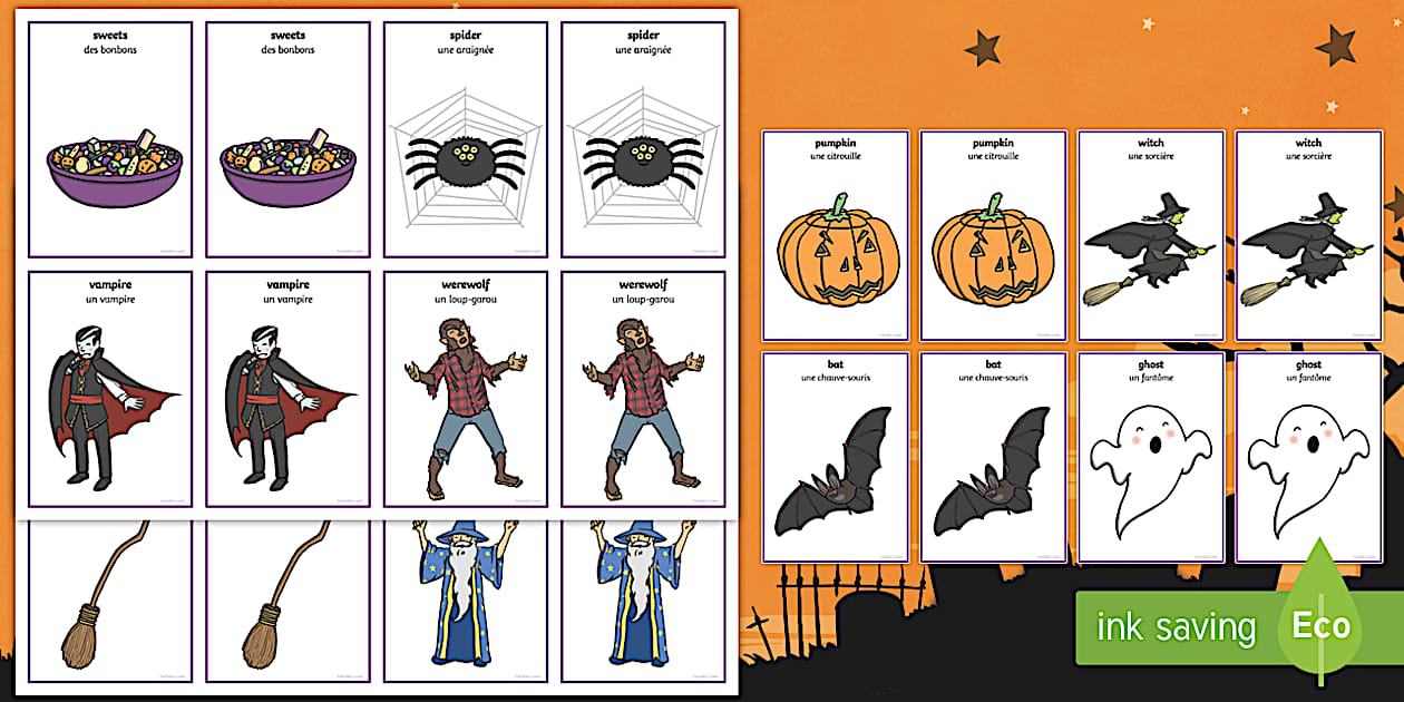 Halloween Pairs Matching Cards English/French
