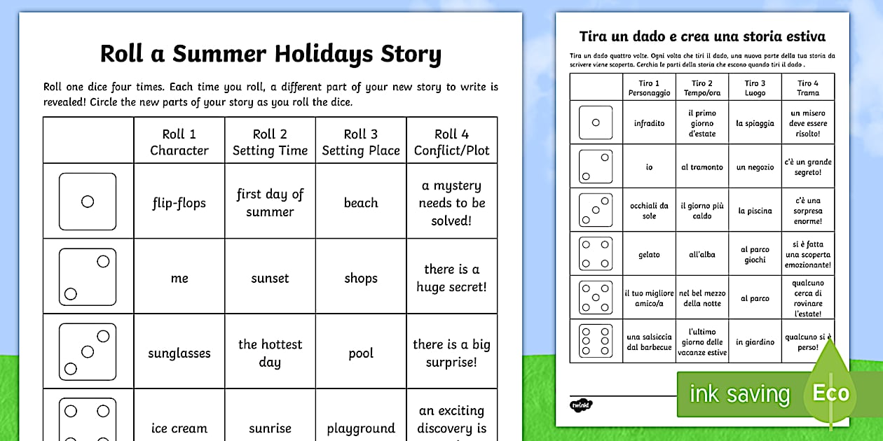 Roll a Summer Holidays Story Storyboard Template English/Italian