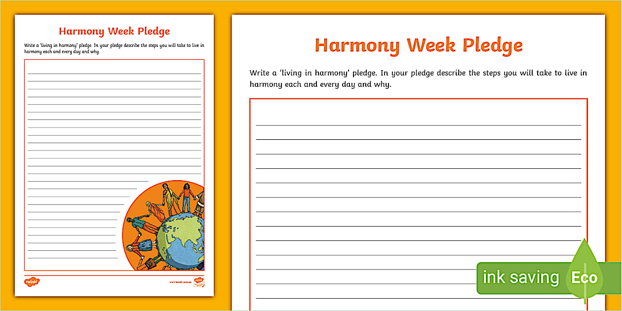 Harmony Week Pledge Worksheet (Teacher-Made) - Twinkl