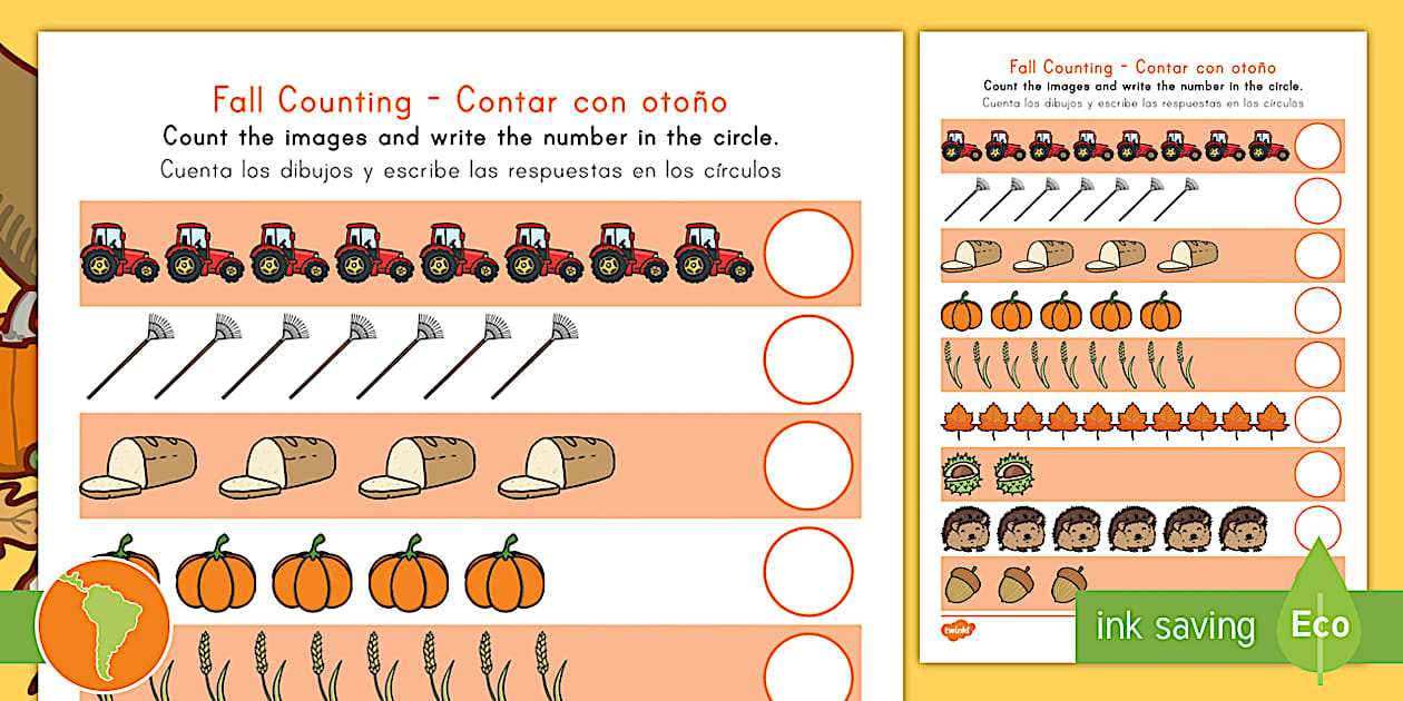 My Fall Counting Worksheet English/Spanish (teacher made)