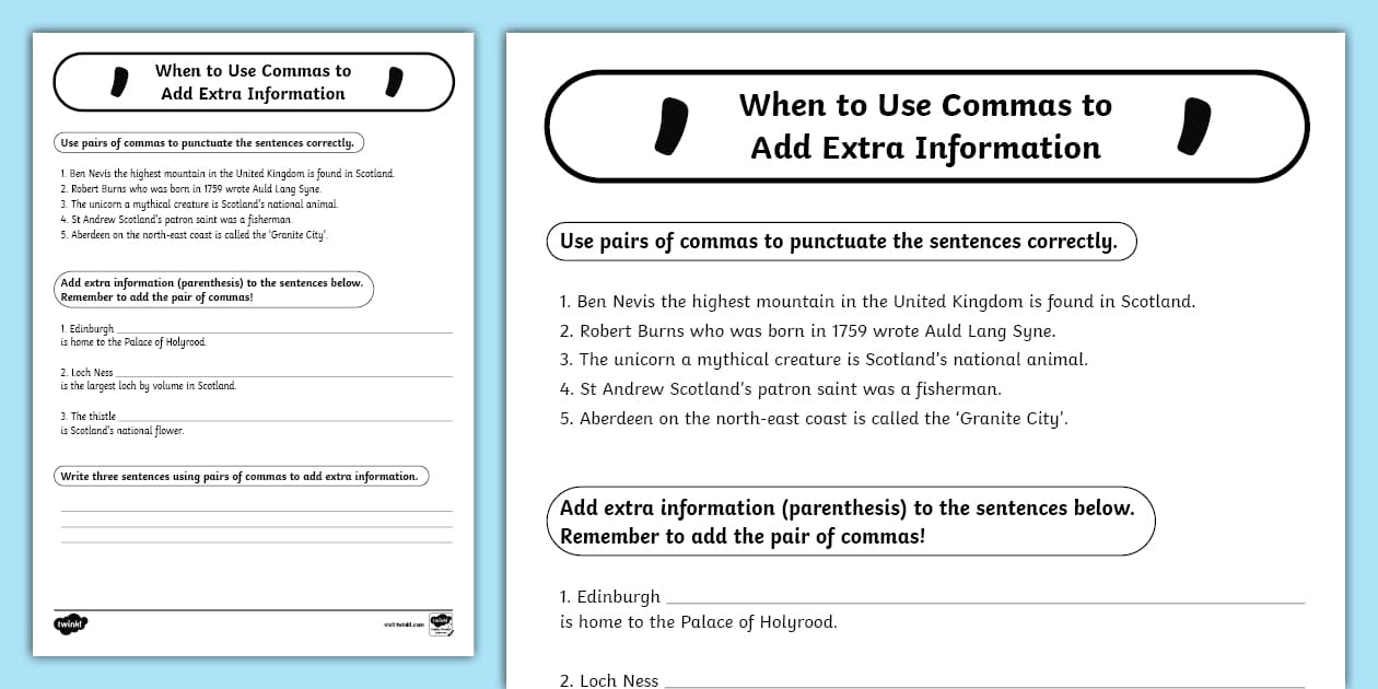 When to Use Commas to Add Extra Information Activity Sheet