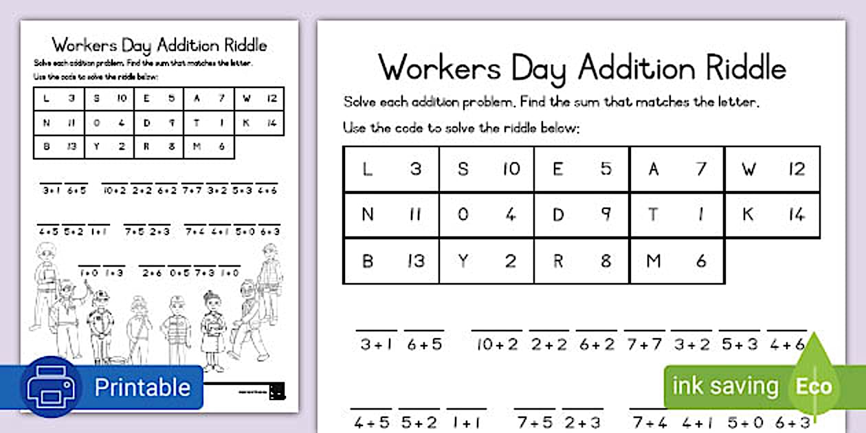 Worker's Day Addition Riddle for Kids | Grade 2 | Twinkl ZA