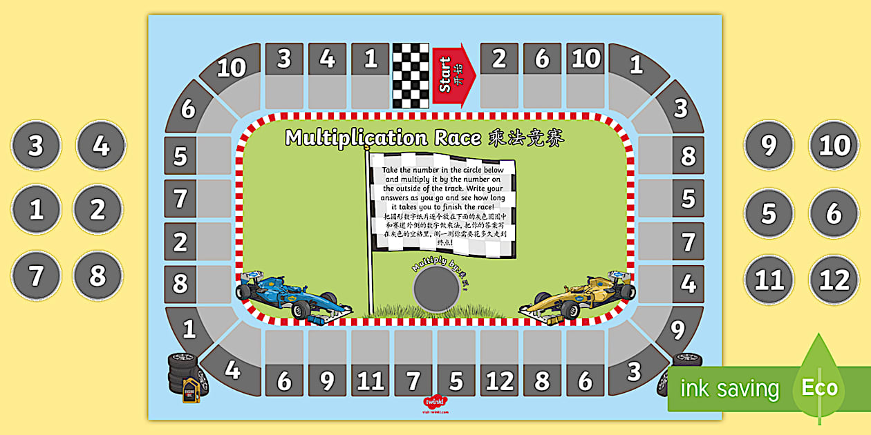 Multiplication Race Board Game English/Mandarin Chinese