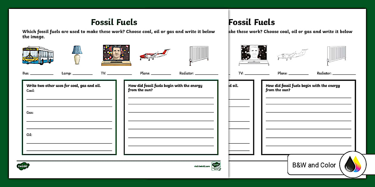 Fossil Fuels Application and Review Worksheet - Twinkl