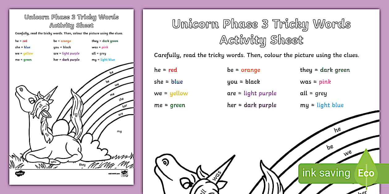 Unicorn Phase 3 Tricky Words Activity Sheet - Twinkl - KS1