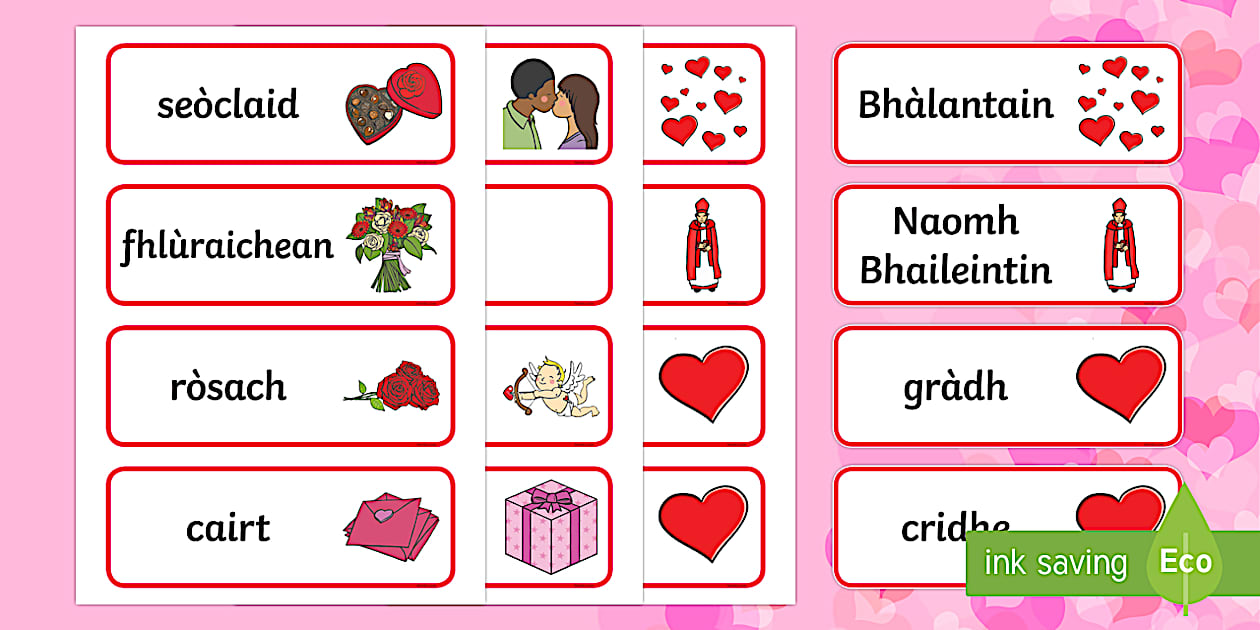 Black and White Valentine's Day Word Cards Gaelic - Twinkl