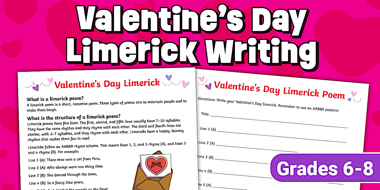 Valentine's Day Limerick Writing Worksheet for 6th-8th Grade