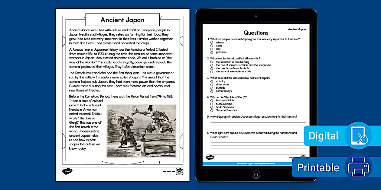 * NEW * Second Grade Ancient Japan Reading Comprehension Worksheet