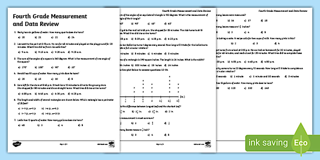 Fourth Grade Measurement and Data Review Activity Worksheet