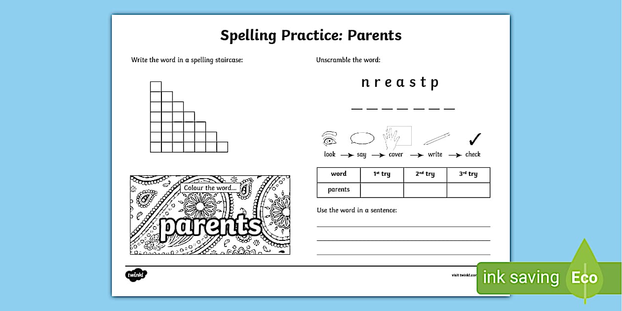Parents Spelling Practice Worksheet (teacher made) - Twinkl