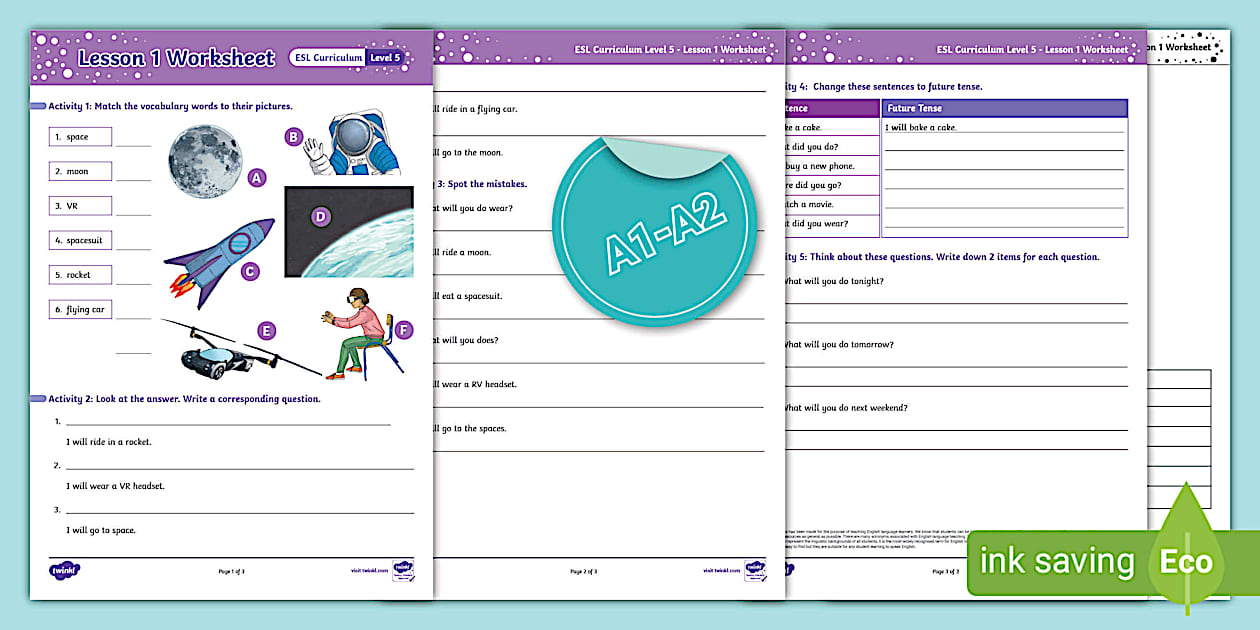 FREE! - ESL Curriculum Level 5, Lesson 1 Worksheet - Twinkl