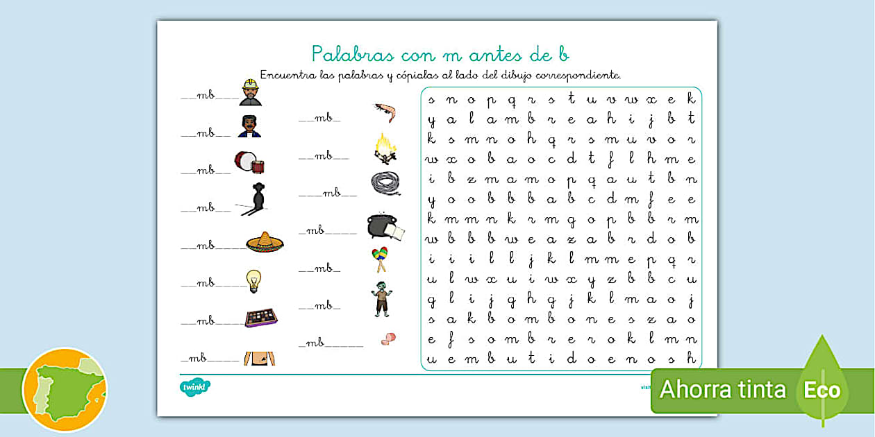 Sopa de letras: Palabras con m antes de b - Twinkl