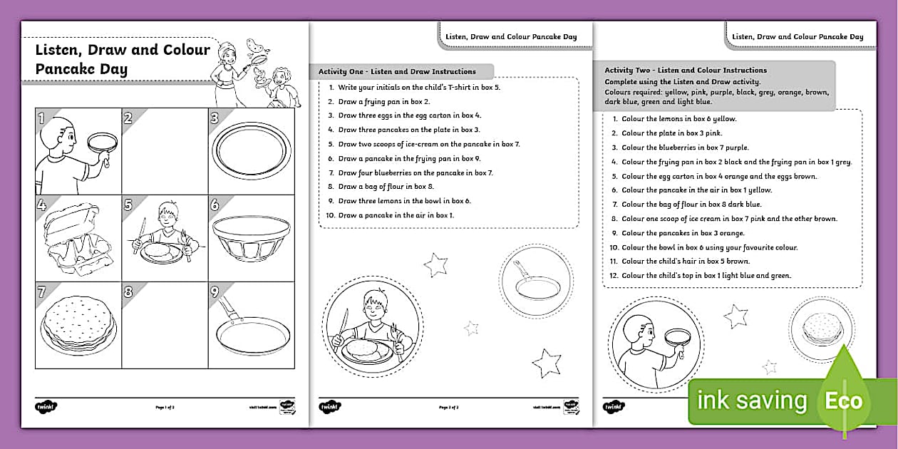 Listen, Draw and Colour Pancake Day Activity - Twinkl