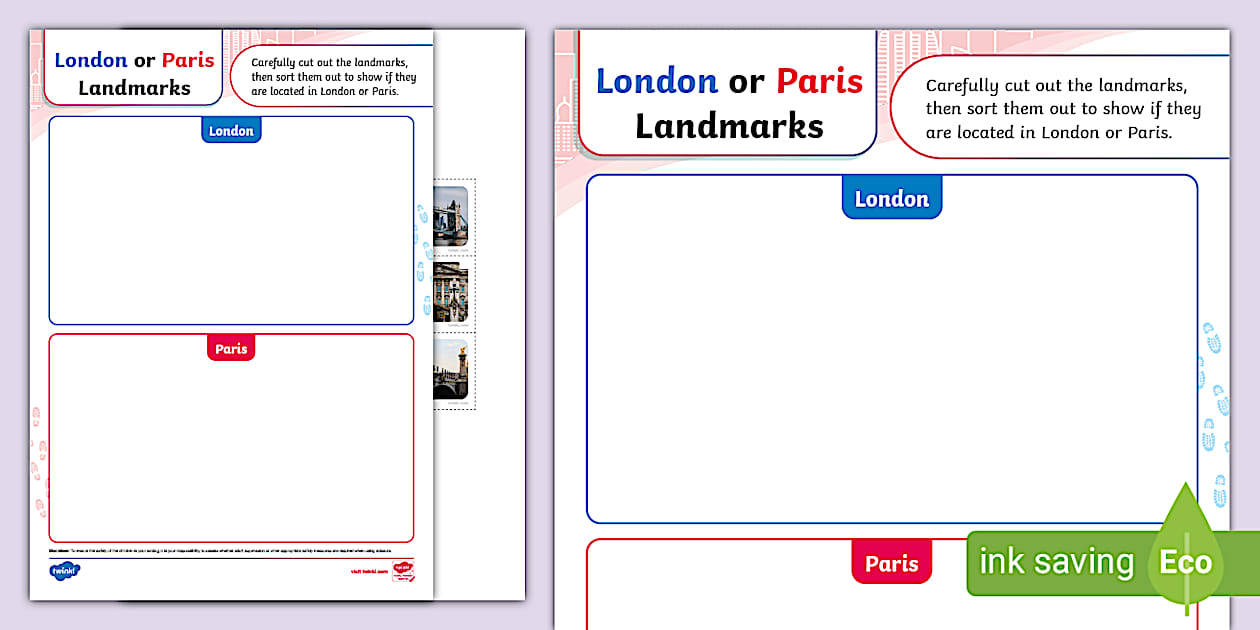 London or Paris Landmarks Sorting Worksheet (teacher made)