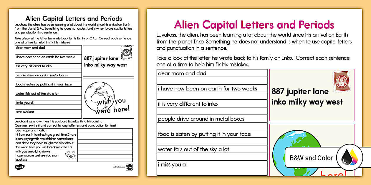 Alien Capital Letters and Periods Worksheet for K-2nd Grade