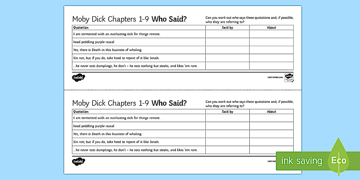 GCSE 'Moby Dick': Chapters 1-9 Who Said? Worksheet / Worksheet