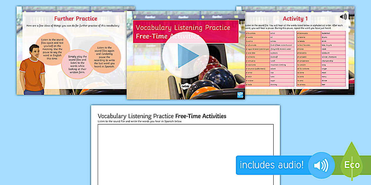 Free Time Activities Vocabulary Listening Practice PowerPoint Spanish