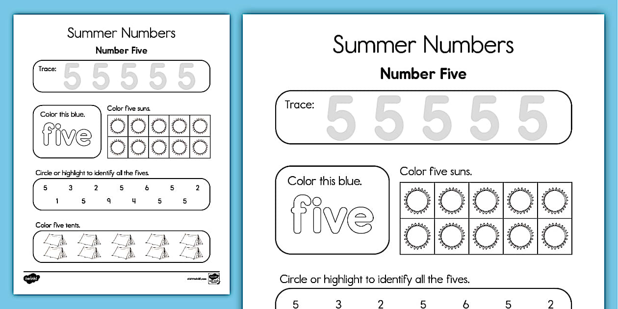 Editable Summer Numbers: Number Five Math Activity - Twinkl