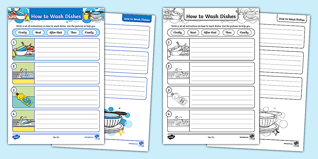 How to Wash Dishes Instruction Writing Template - Twinkl
