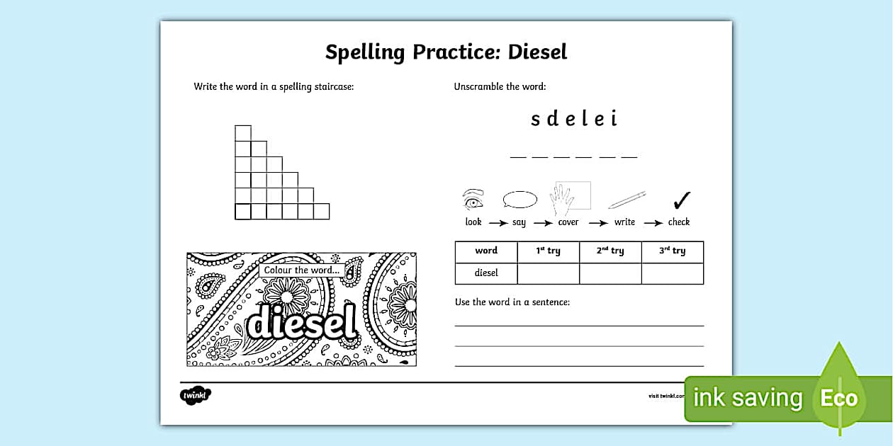 Diesel Spelling Practice Worksheet (teacher made) - Twinkl