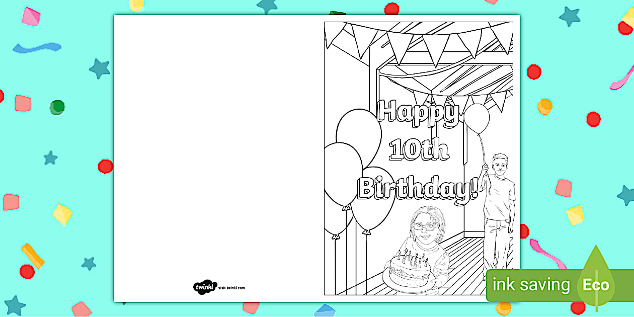 Printable 10th birthday colouring card (teacher made)