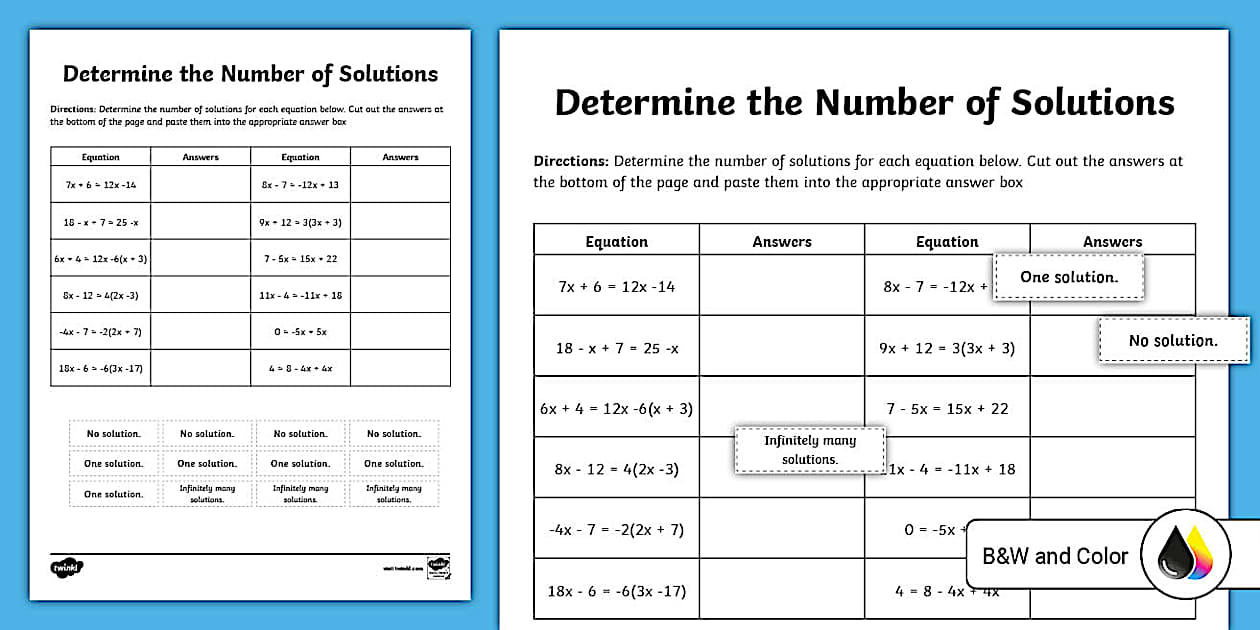 Eighth Grade Determine the Number of Solutions Cut and Paste Worksheet