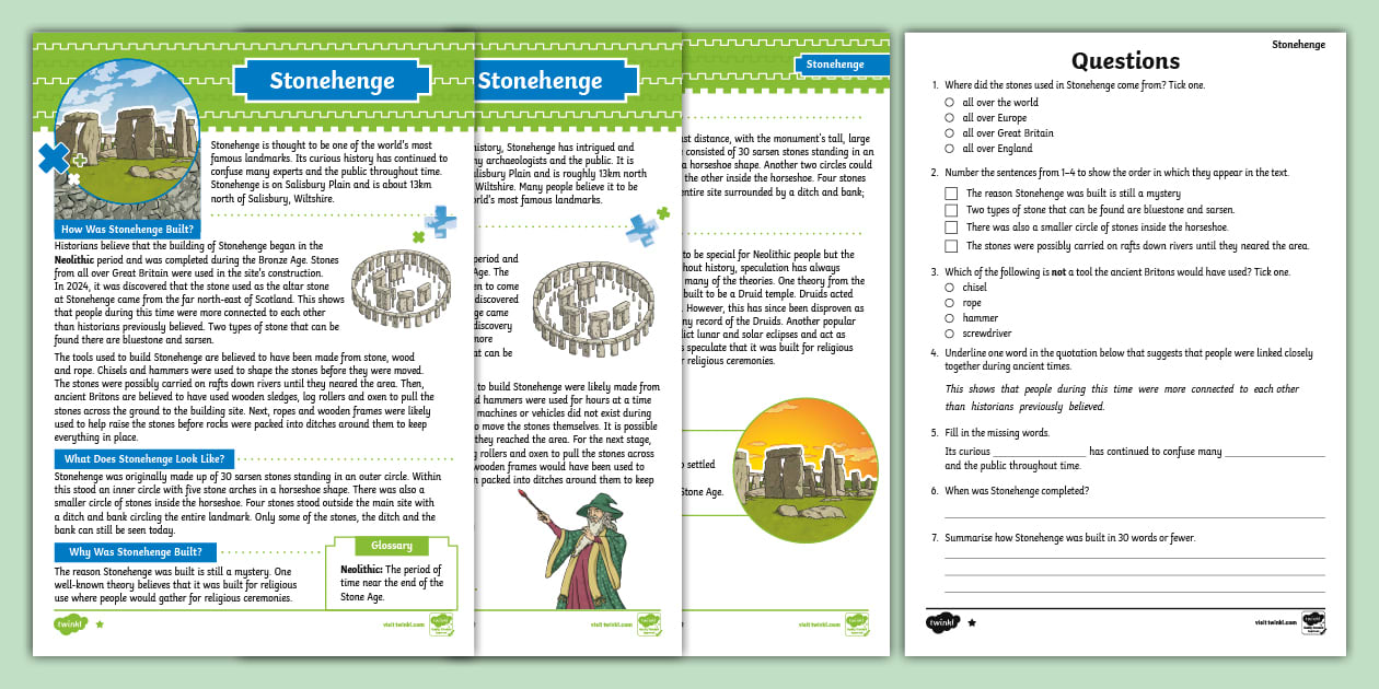 LKS2 Stonehenge Differentiated Reading Comprehension Activity