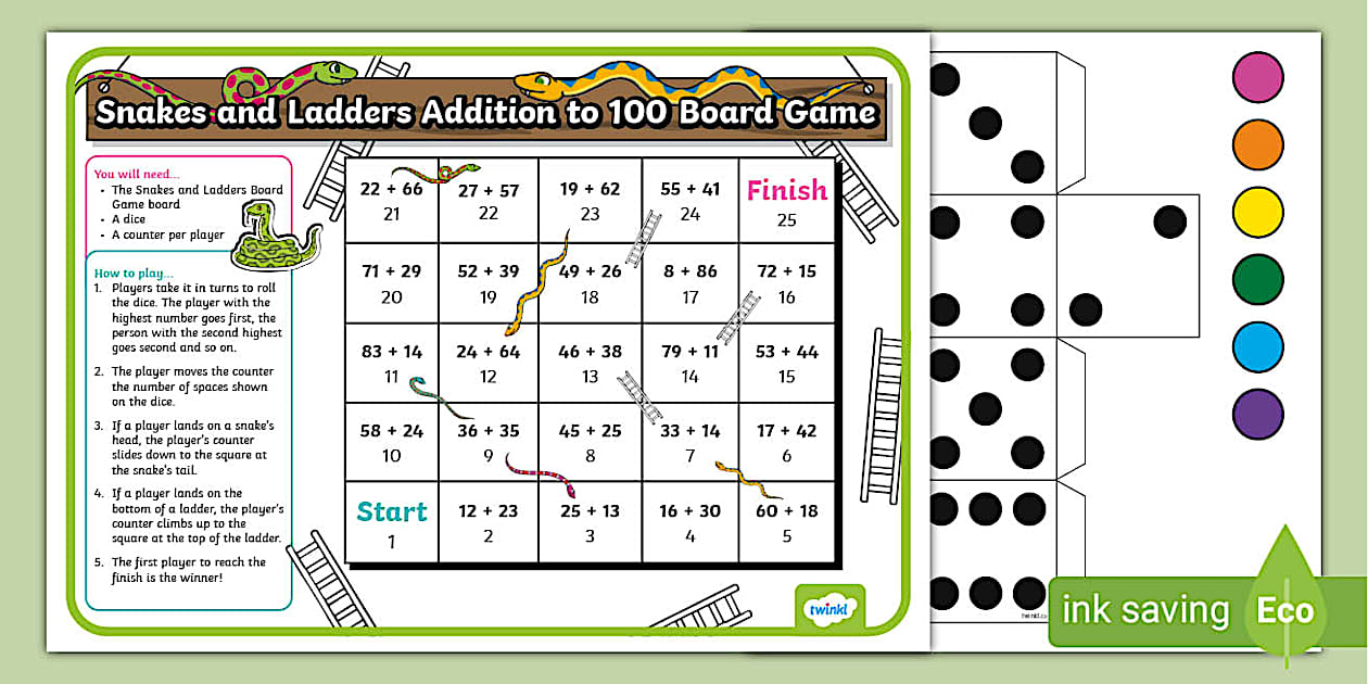 👉 Snakes and Ladders Addition to 100 Board Game - Twinkl